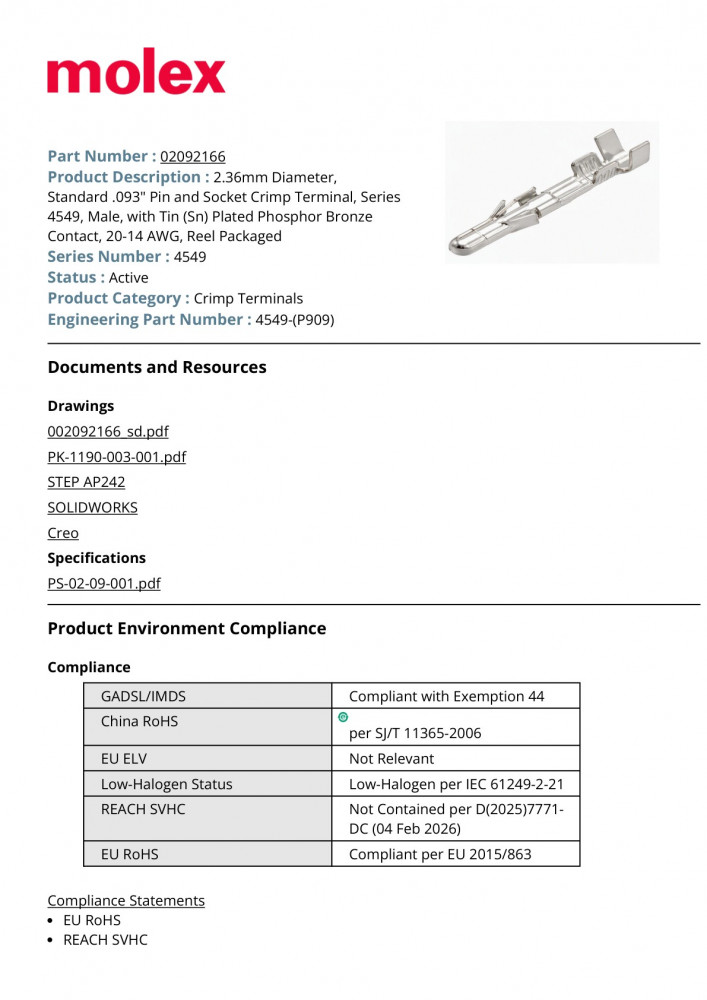 Molex .093 standard pin terminals document preview, page 1