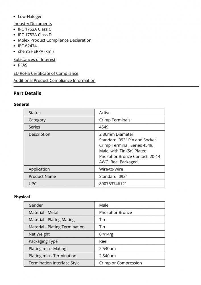 Molex .093 standard pin terminals document preview, page 2