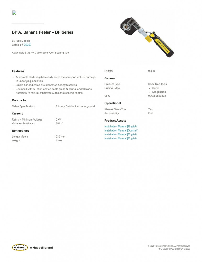 Product documentation image for Burndy 35250 BP A Banana Peeler