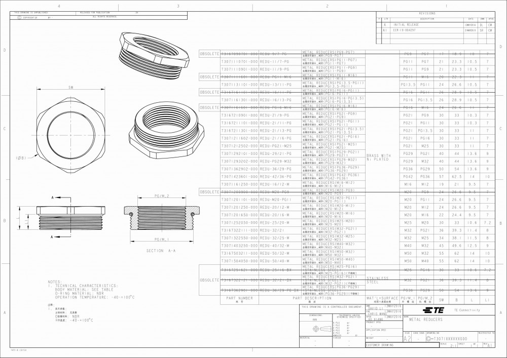 TE Connectivity metal reducer drawing page for T3071322550-000