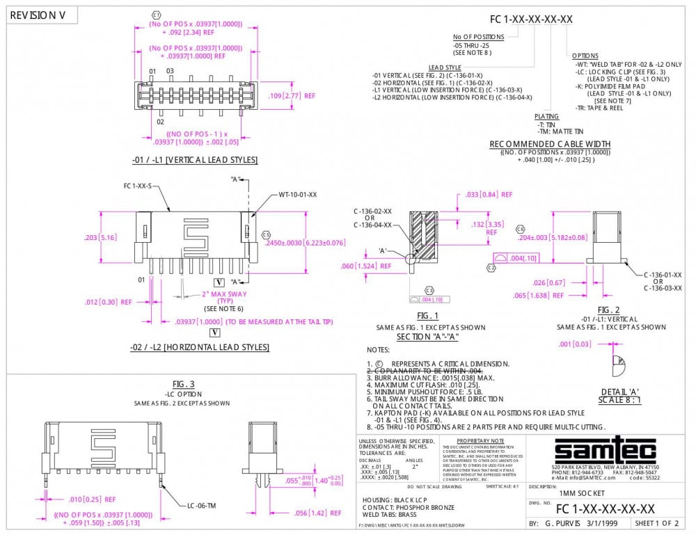 Samtec FC1 series technical document page 1