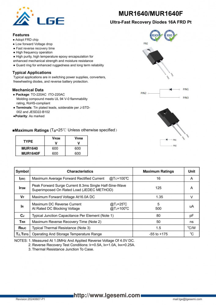 LGE MUR1640 datasheet page 1