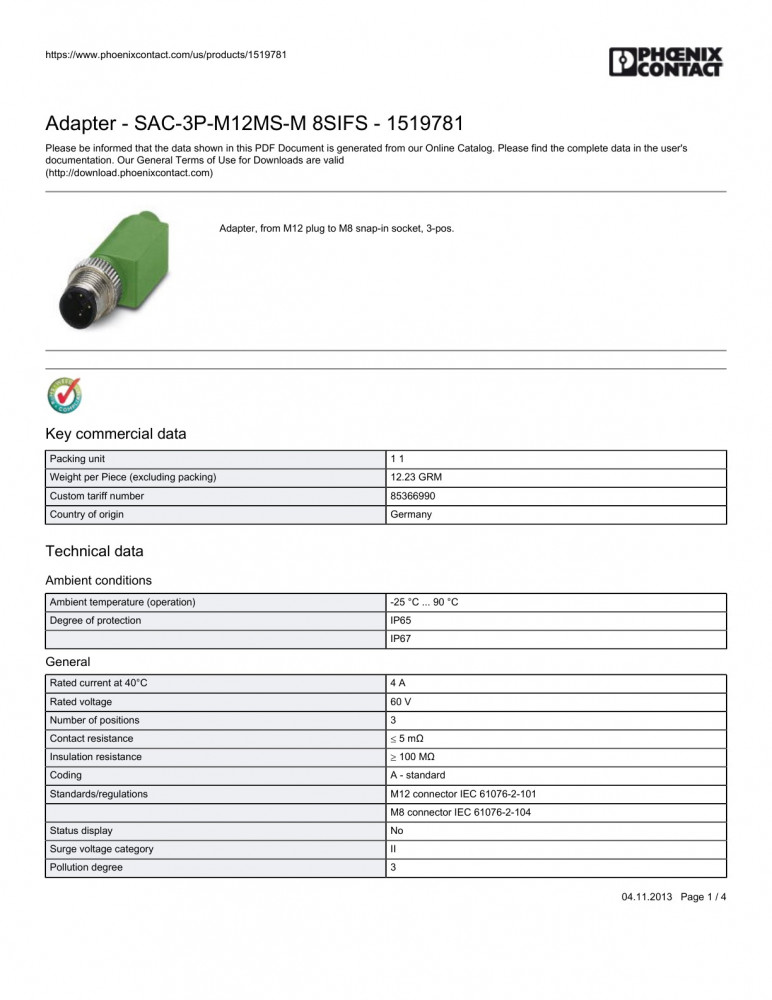 Phoenix Contact 1519781 technical document page 1