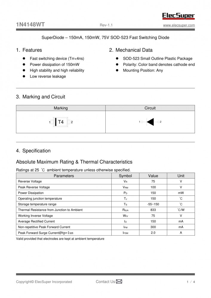 1N4148WT datasheet page 1