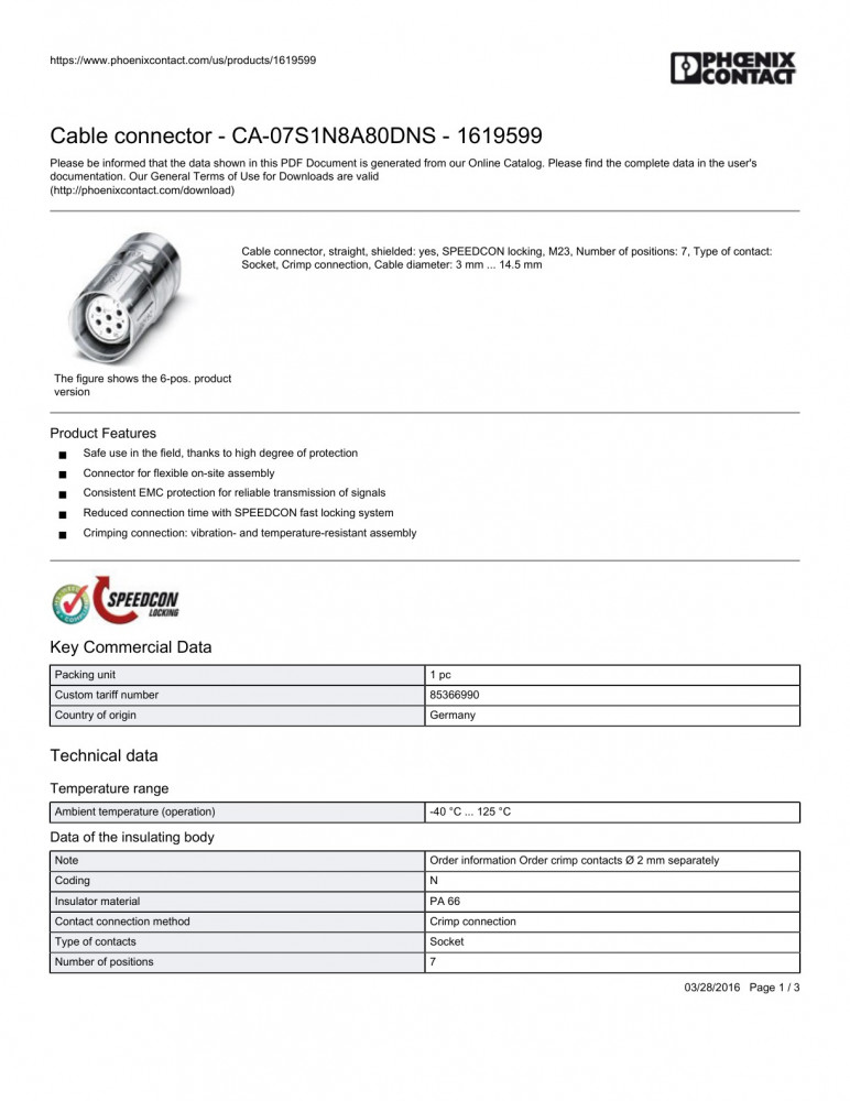 Phoenix Contact 1619599 technical document page 1