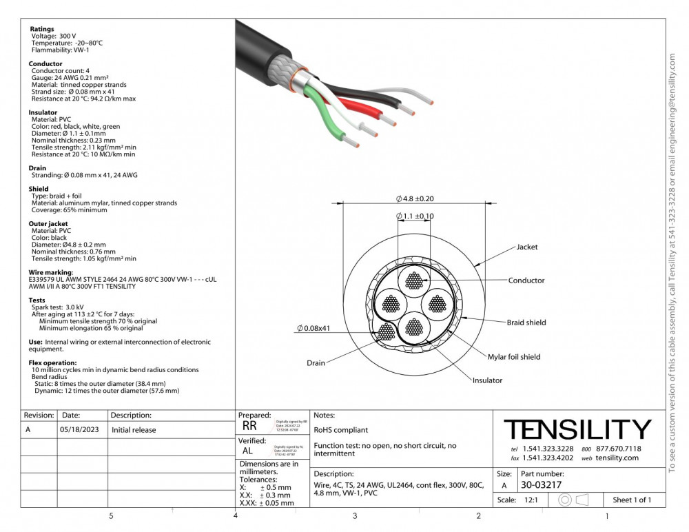 Tensility International 30-03217 cable product drawing