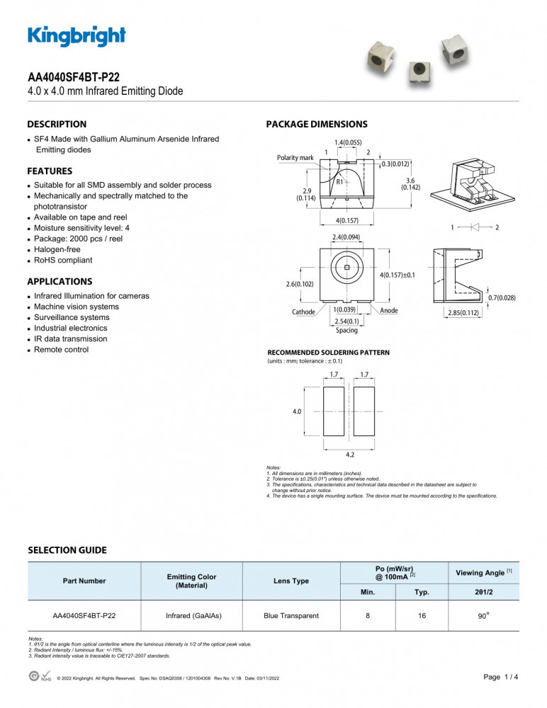 AA4040SF4BT-P22 datasheet page 1