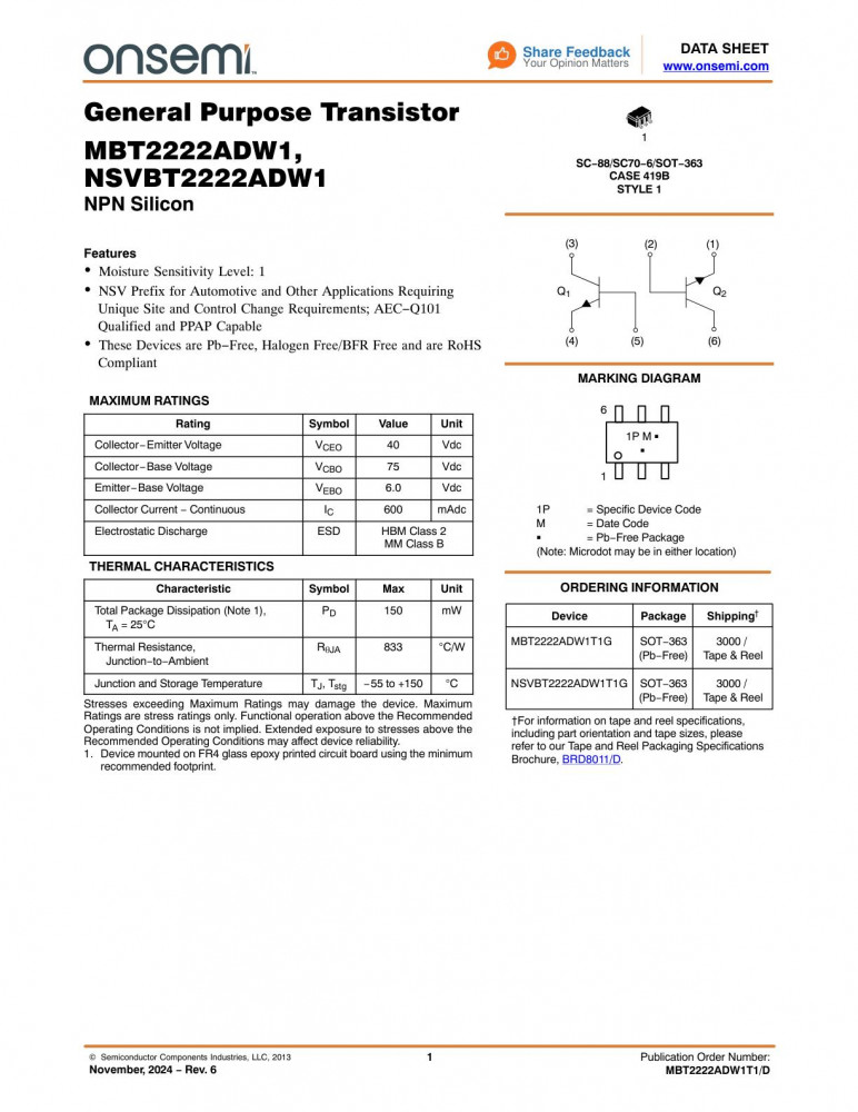 MBT2222ADW1T1G document page 1