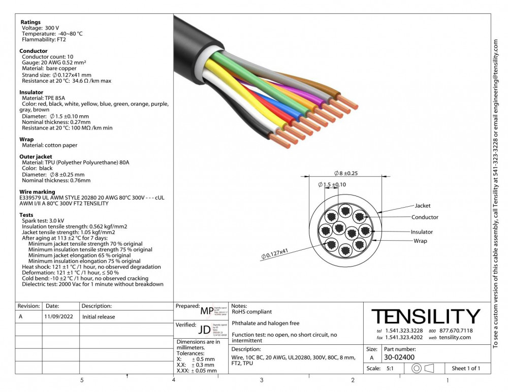 Tensility International 30-02400 cable specification drawing
