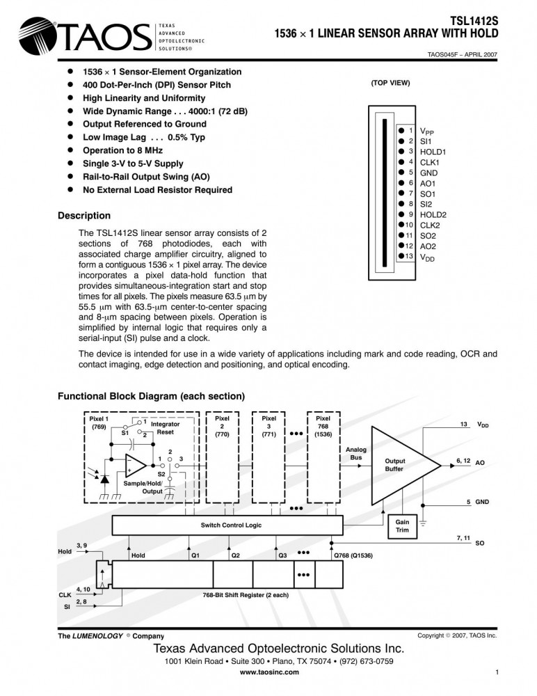 TSL1412S datasheet page 1