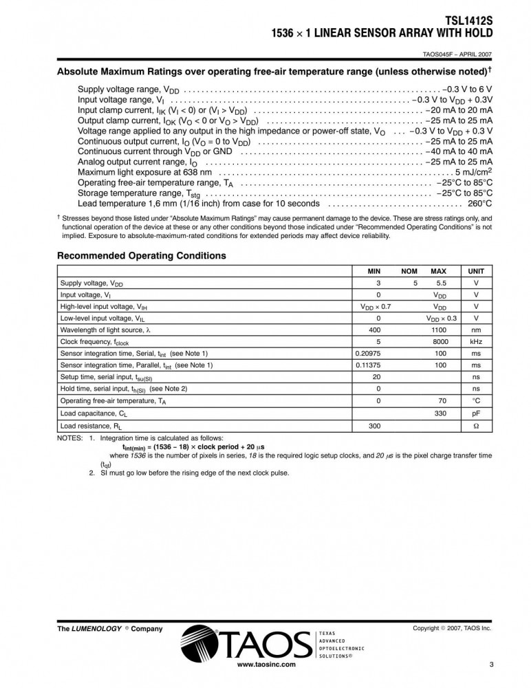 TSL1412S datasheet page 3