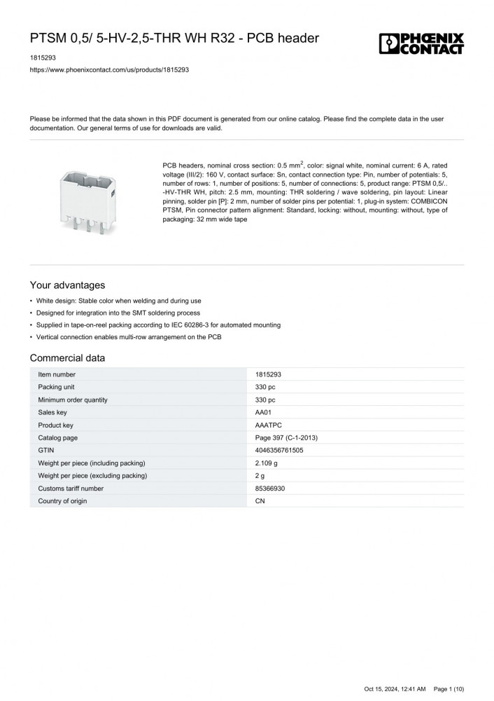 Phoenix Contact 1815293 PCB header product image