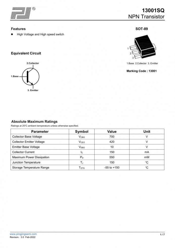 13001SQ datasheet page 1