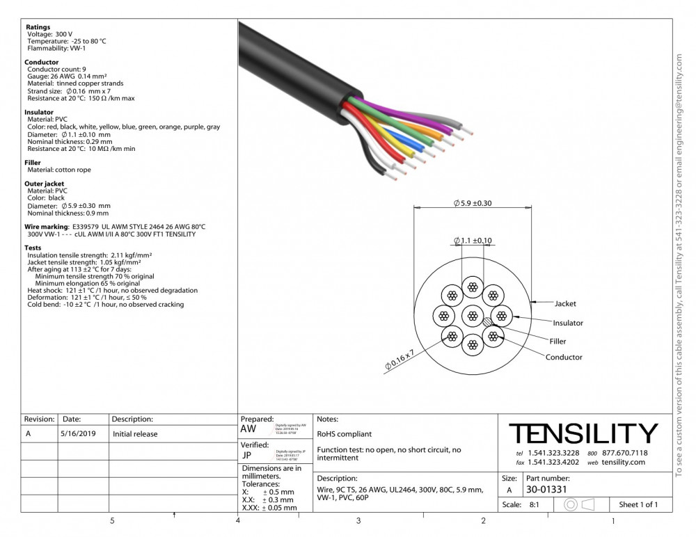 Product drawing for Tensility 30-01331 nine-conductor cable