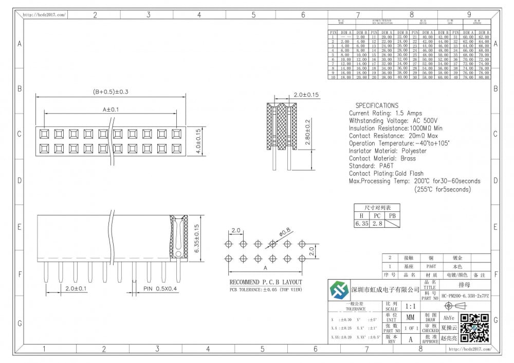 HC-PM200-6.35H-2x7PZ technical drawing