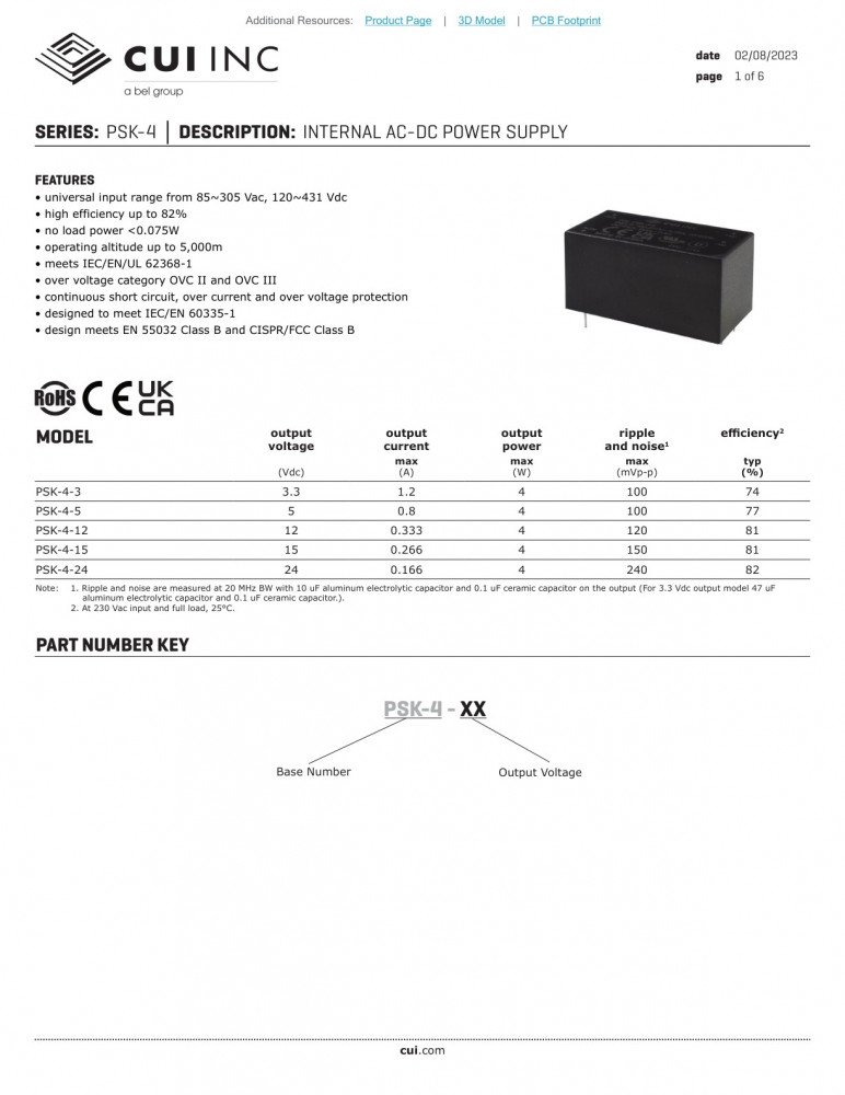 CUI PSK-4 series datasheet page 1
