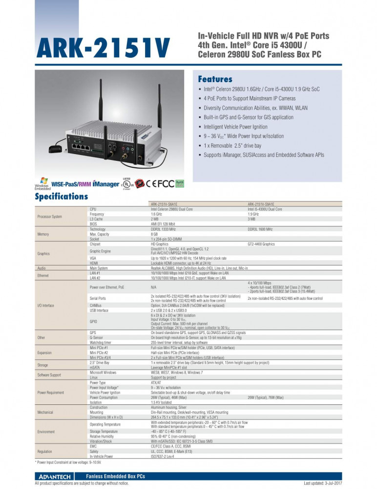 ADVANTECH ARK-2151V-S9A1E technical document page 1