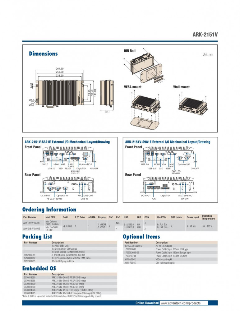 ADVANTECH ARK-2151V-S9A1E technical document page 2
