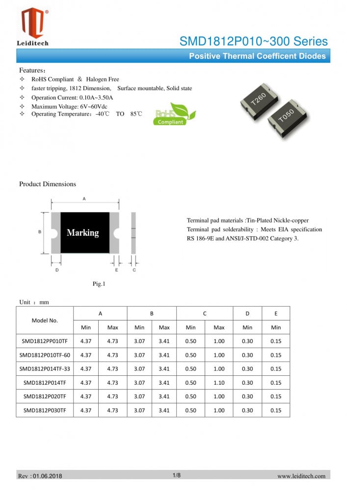 Leiditech SMD1812 PPTC datasheet page 1