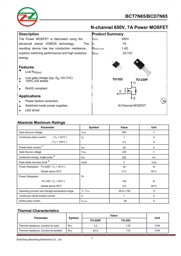 baocheng BCD7N65 datasheet preview
