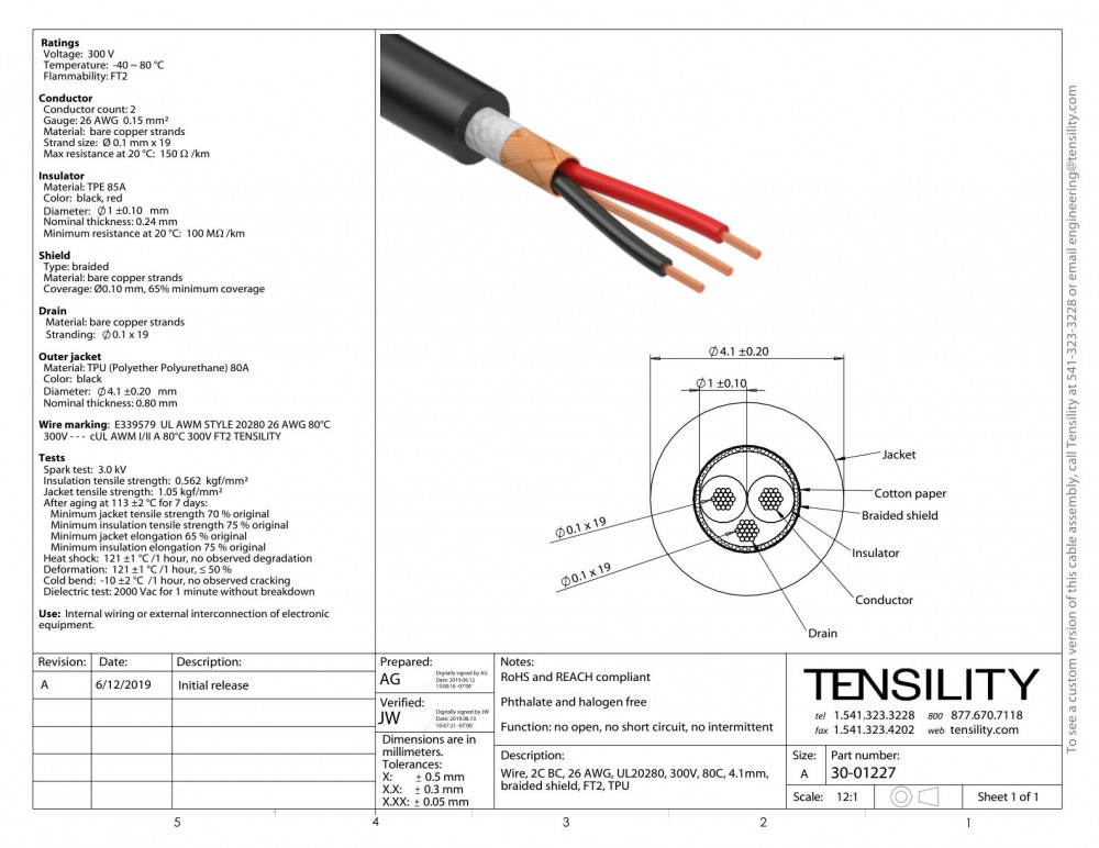 Tensility International 30-01227 cable product drawing
