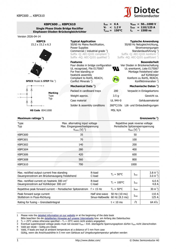 KBPC610 technical document page 1