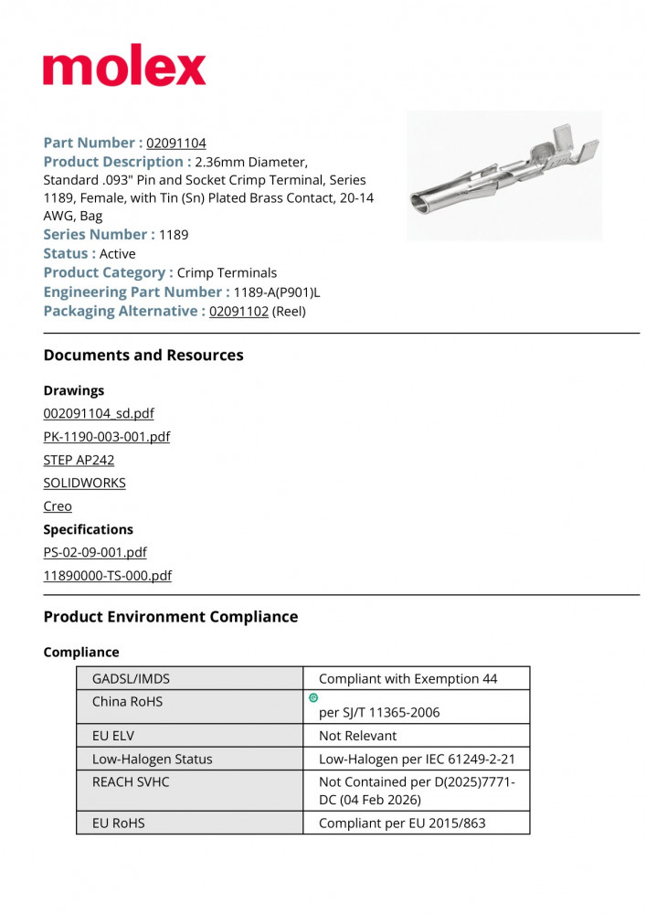 Molex .093 standard pin terminal documentation page 1