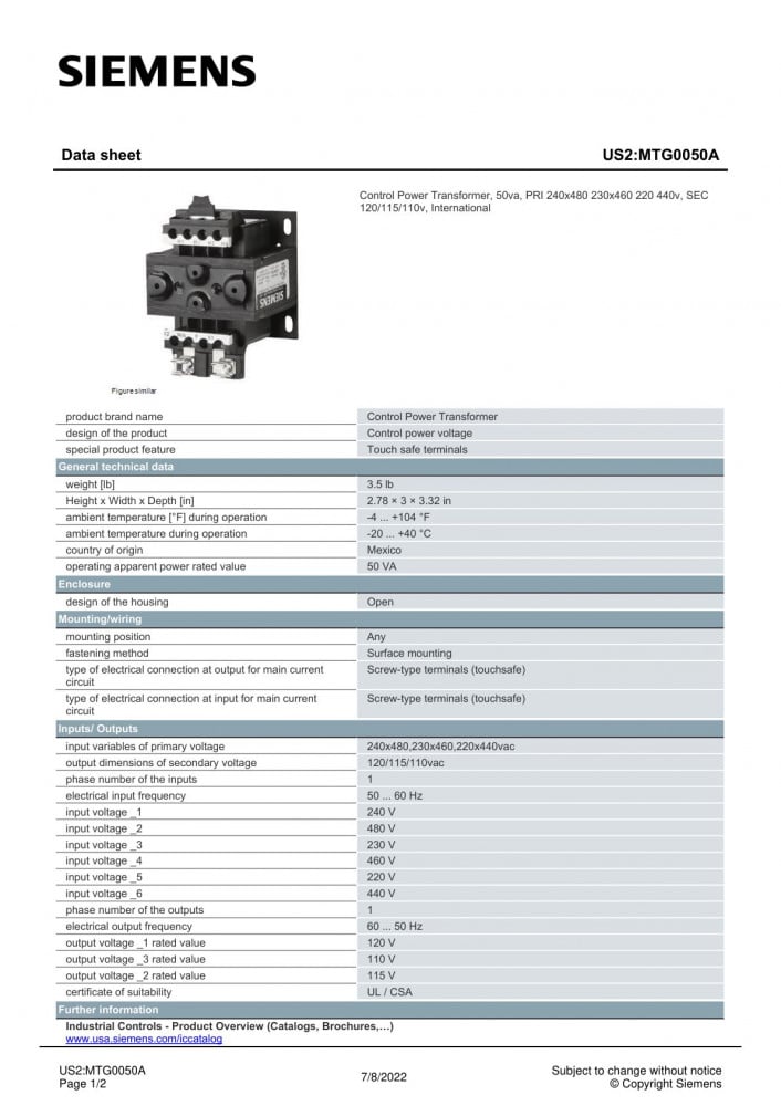 SIEMENS MTG0050A datasheet page 1