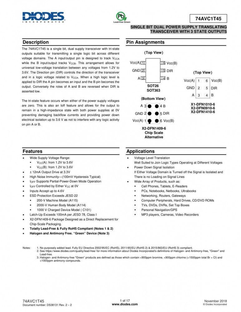 74AVC1T45W6-7 datasheet page 1