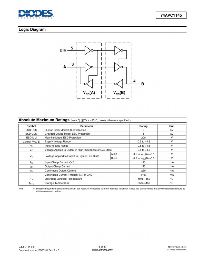 74AVC1T45W6-7 datasheet page 3