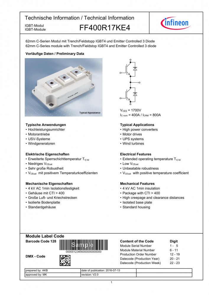 FF400R17KE4 technical document page 1