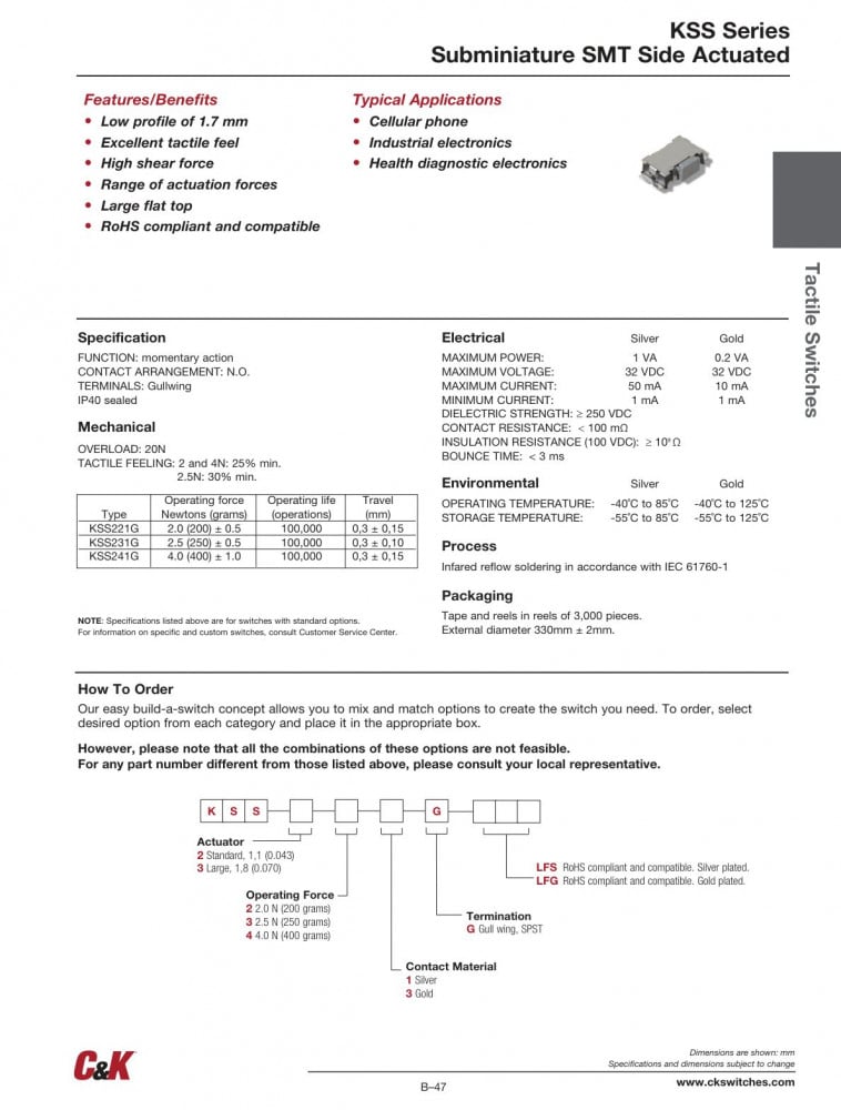 C&K KSS231GLFS datasheet page 1