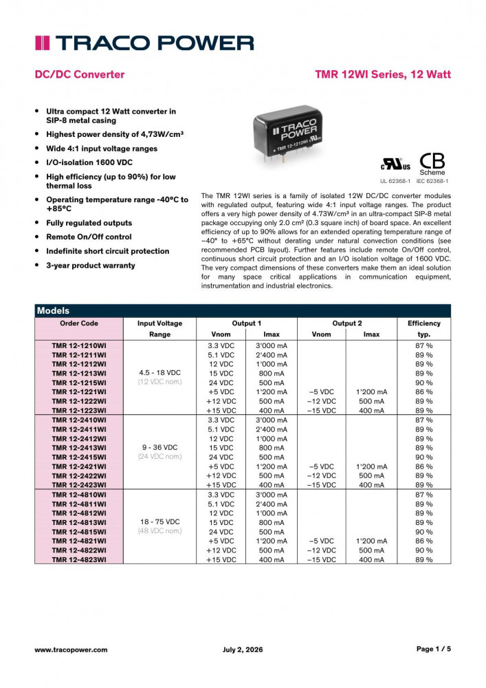 TMR 12WI datasheet preview, page 1