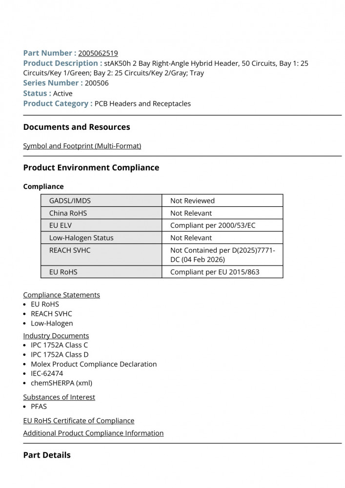 Product document page 1 for MOLEX 2005062519