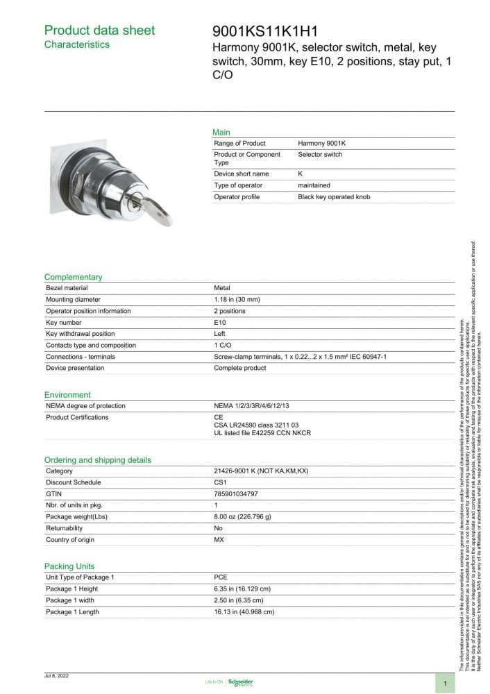9001KS11K1H1 technical document page 1