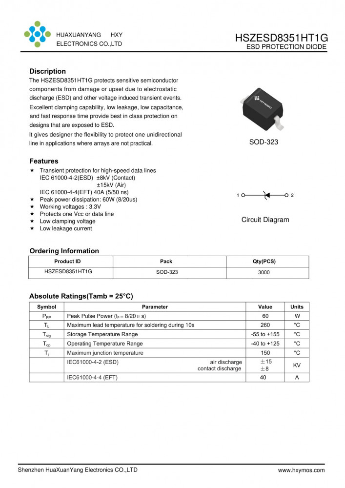 HSZESD8351HT1G datasheet page 1