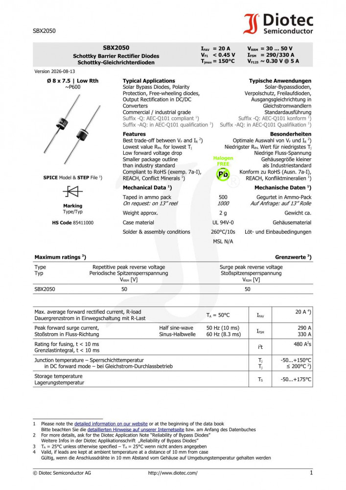 DIOTEC SBX2050 datasheet page 1