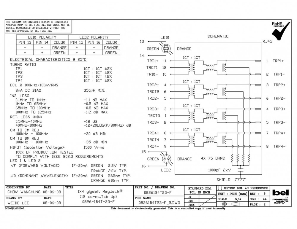 Bel Fuse 0826-1B4T-23-F technical drawing page 1