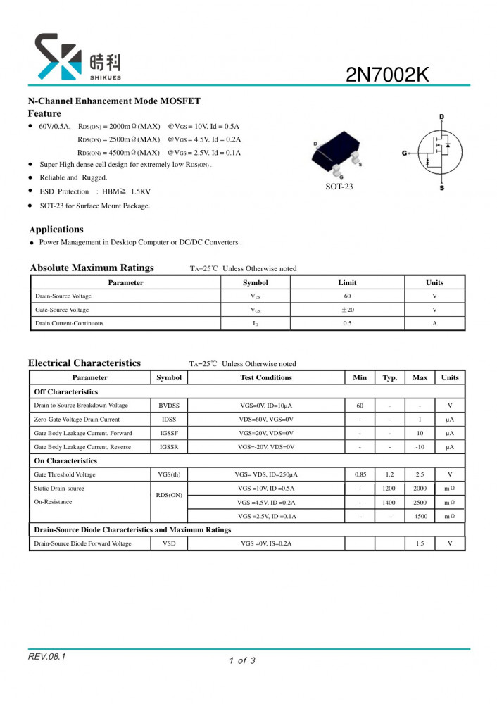 2N7002K datasheet page 1
