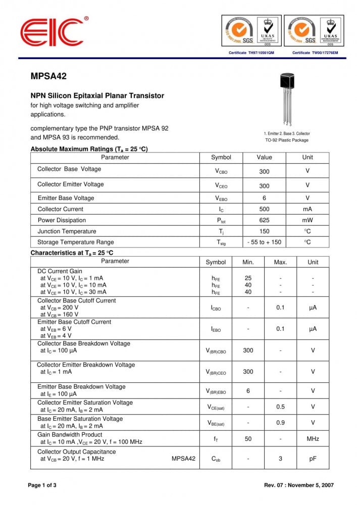 EIC MPSA42 datasheet page 1