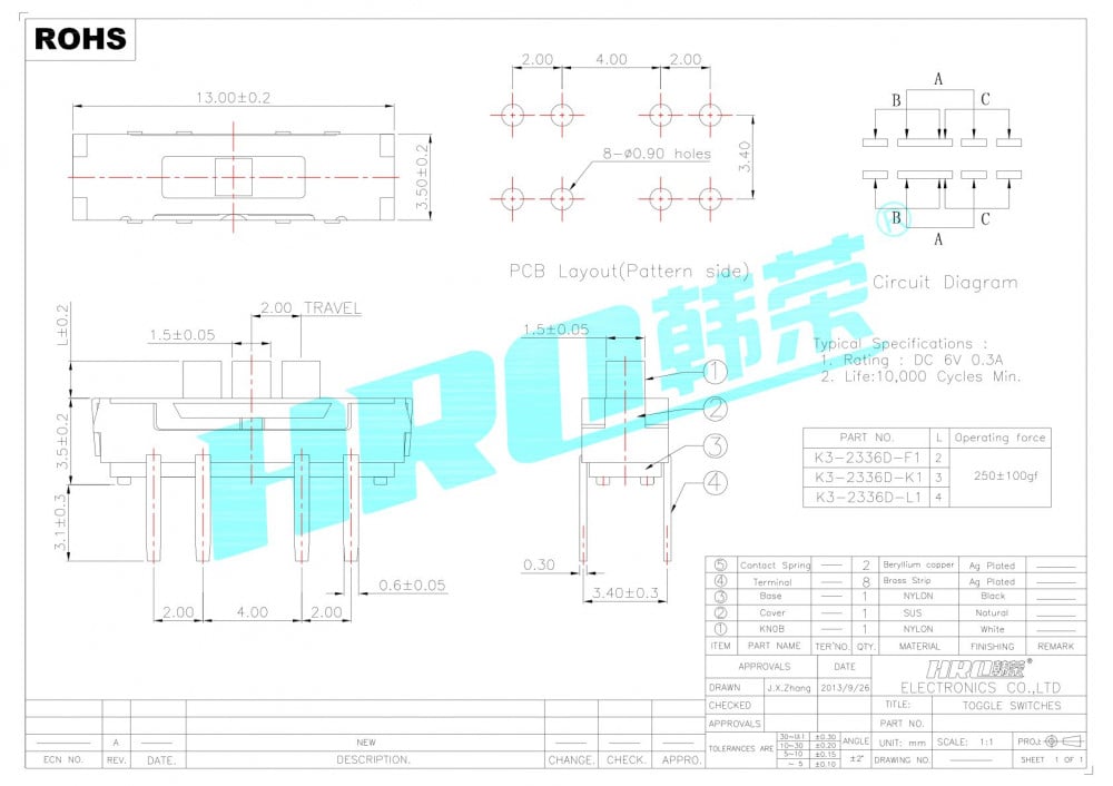 K3-2336D-L1 technical drawing and PCB pattern