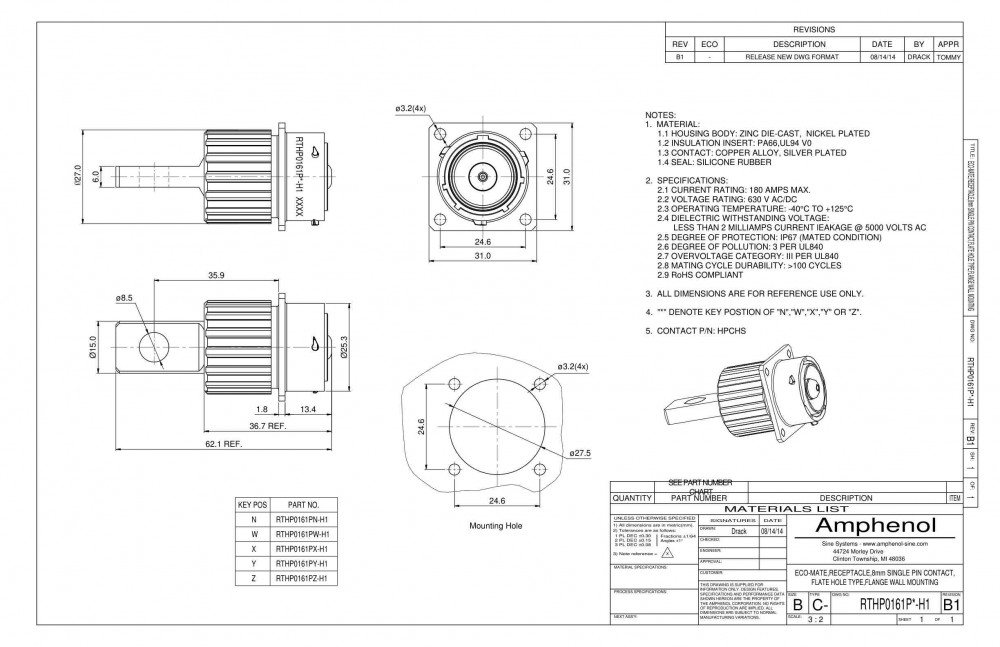 Amphenol RTHP0161PZ-H1 technical drawing
