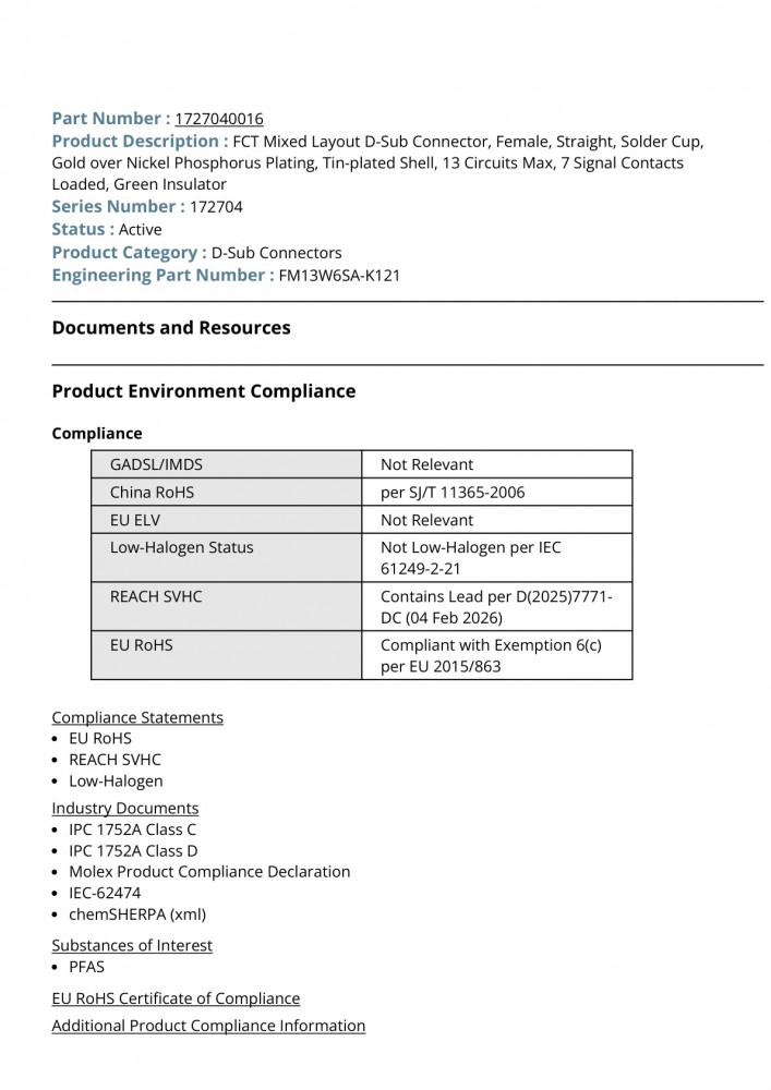 MOLEX 1727040016 technical document page 1