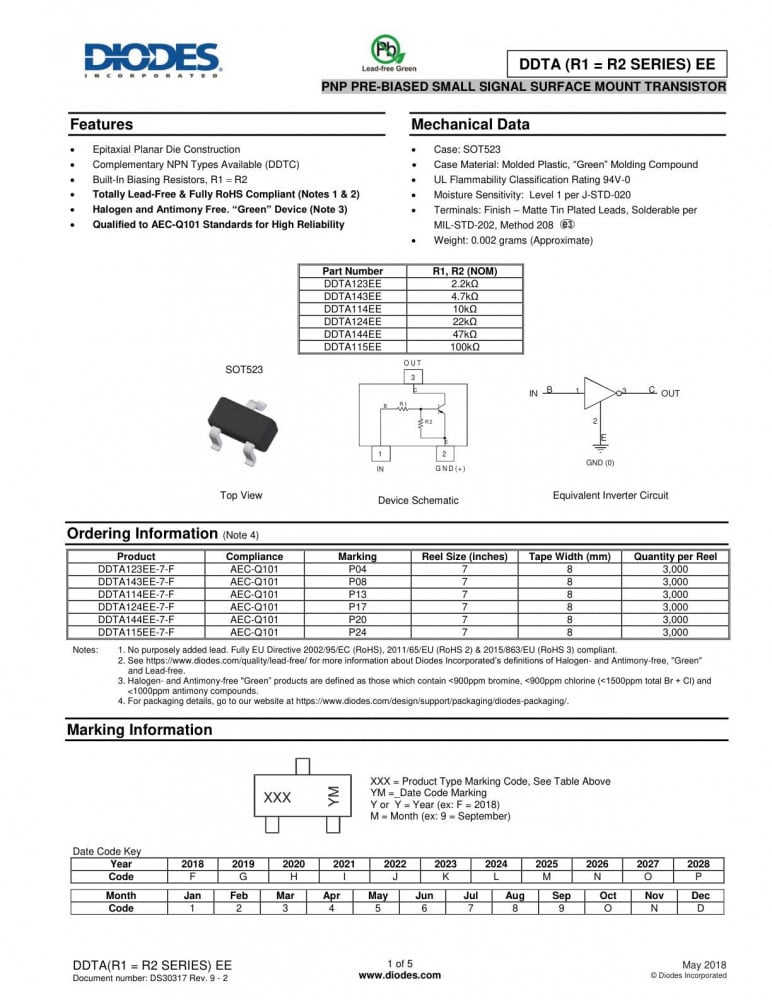 DDTA114EE-7-F technical document page 1