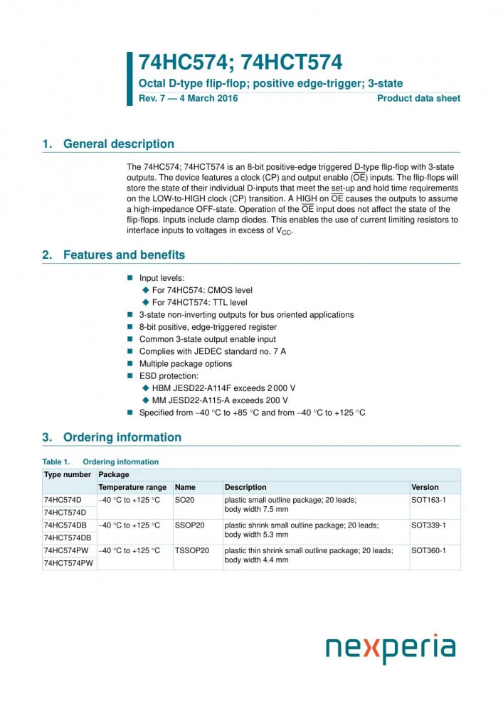74HC574 datasheet page 1