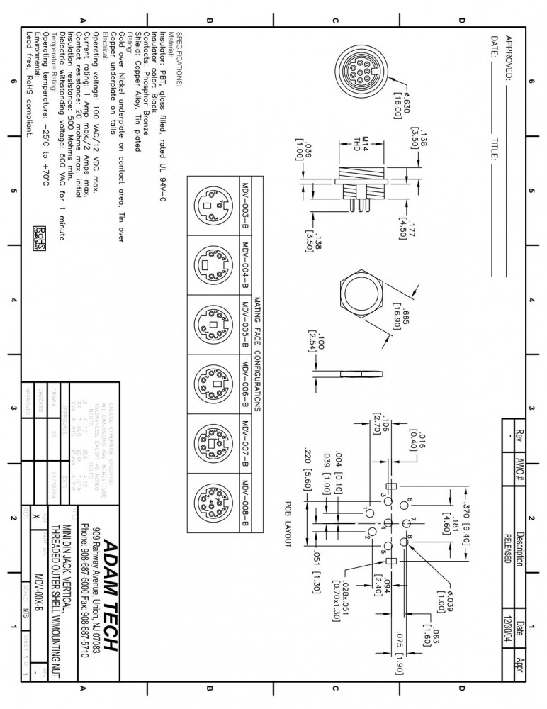 ADAM TECH MDV-00X-B Mini DIN jack family drawing preview