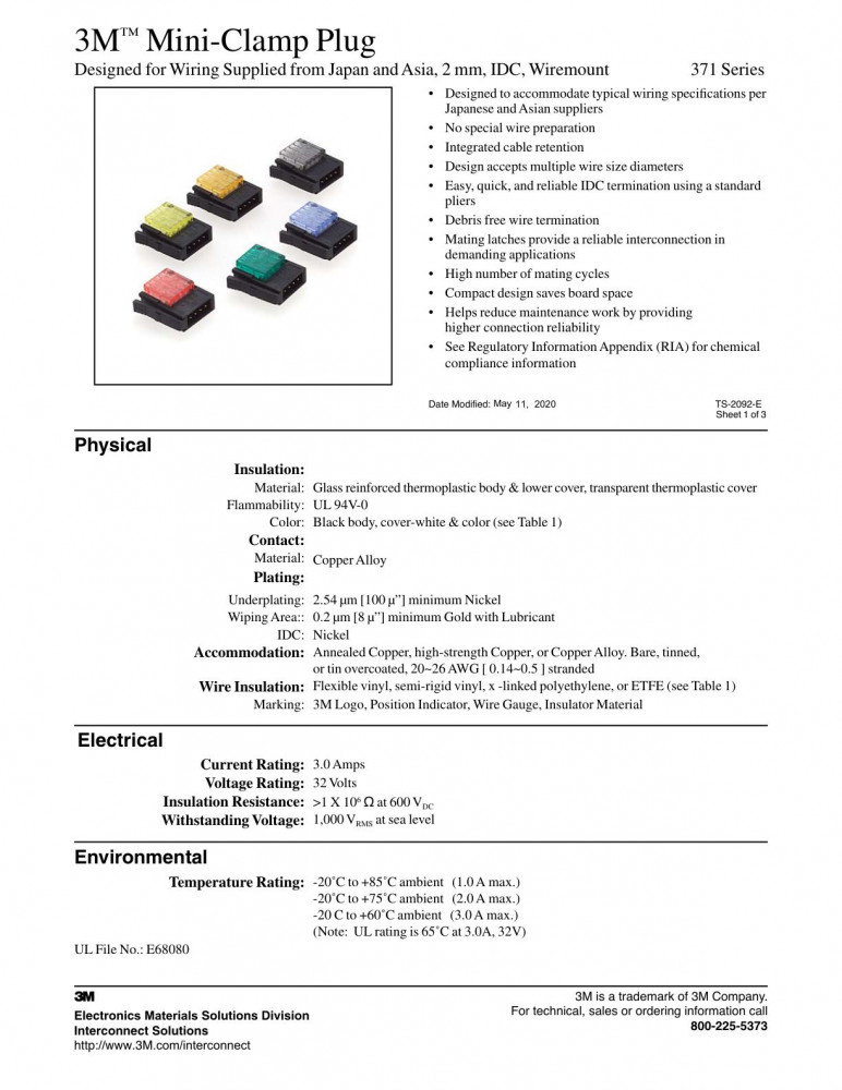 3M Mini-Clamp Plug TS-2092 technical sheet page 1