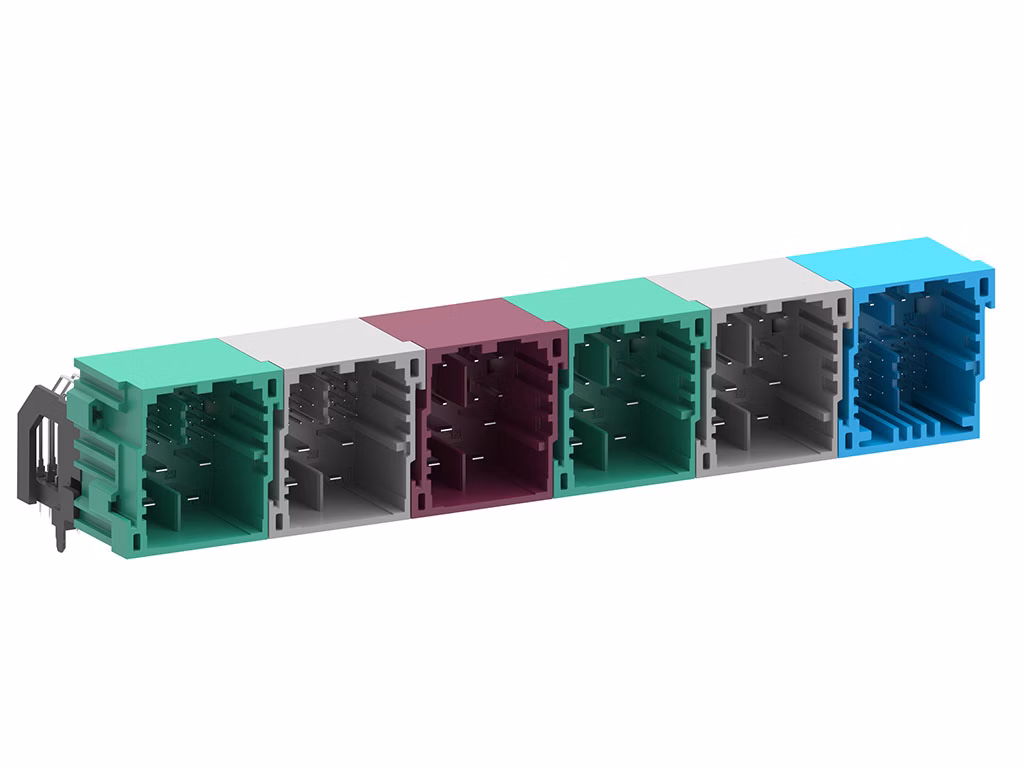stAK50h 4 Bay Right-Angle Hybrid Header, 109 Circuits, Bay 1: 25 Circuits/Key 3/Black; Bay 2: 28 Circuits/Key 1/Dark Gray; Bay 3: 28 Circuits/Key 2/Green; Bay 4: 28 Circuits/Key 3/Gray; Tray