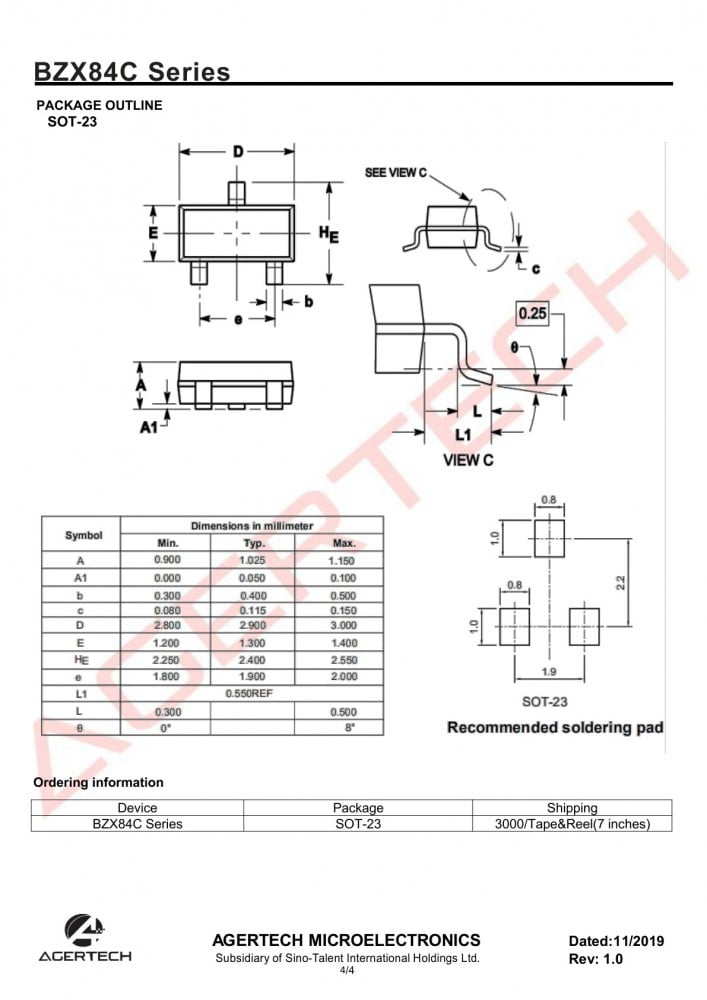 Agertech BZX84C series SOT-23 package page