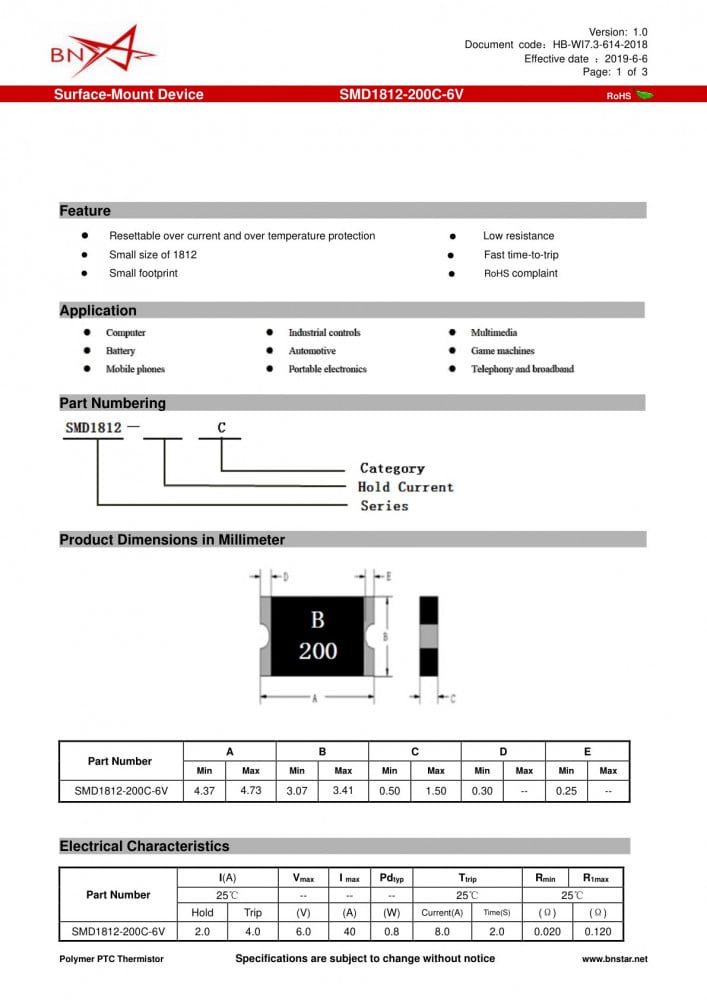 BNstar SMD1812-200C-6V datasheet page 1